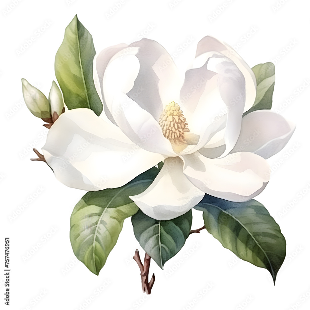 Beautiful white watercolor realistic magnolia flower with leaves ...