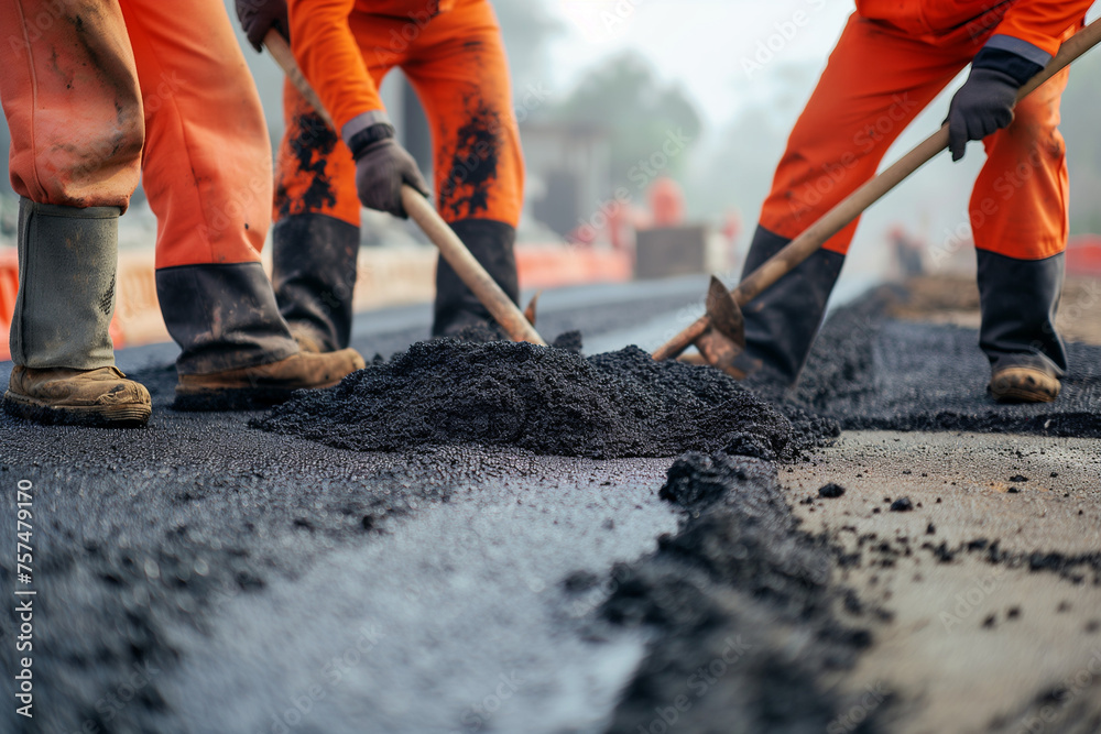 Stock-Foto „Road construction workers' teamwork, tarmac laying works at ...