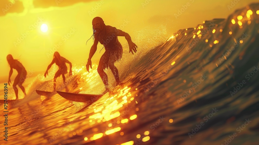 Zombie surfers catching a wave on a scorching day with a detailed ocean ...