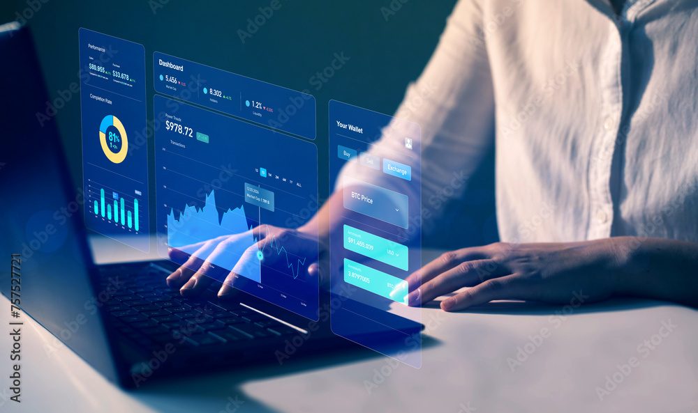 Businessman analysing finance data graph on stock market with dashboard ...