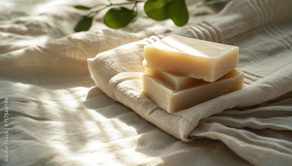 Handmade colorless white soap bars on linen fabric with light ...