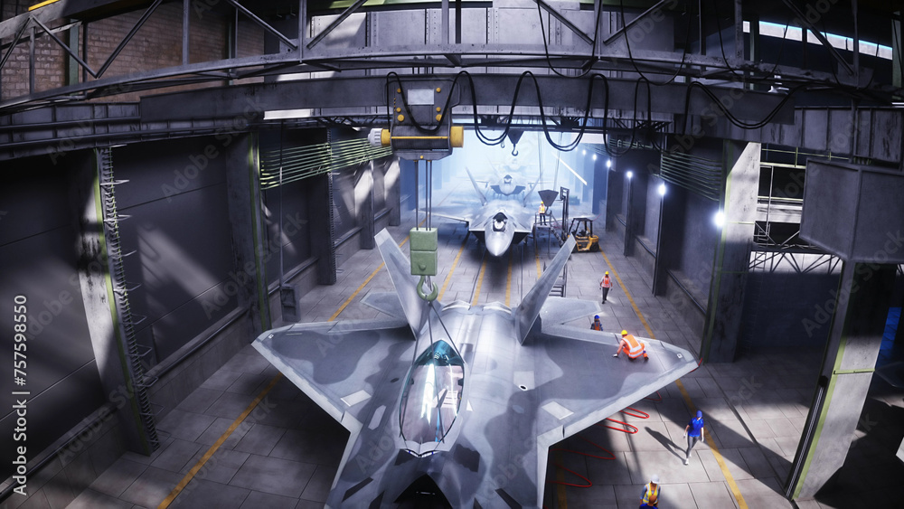 Production of military fighter jet f 22 raptor at the factory. Military ...