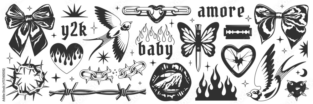Y2k symbols, goth chain, heart, flame, bow, mouth, butterfly knife ...