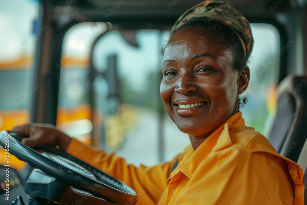 Bus driver, African-American working woman behind the wheel with a ...