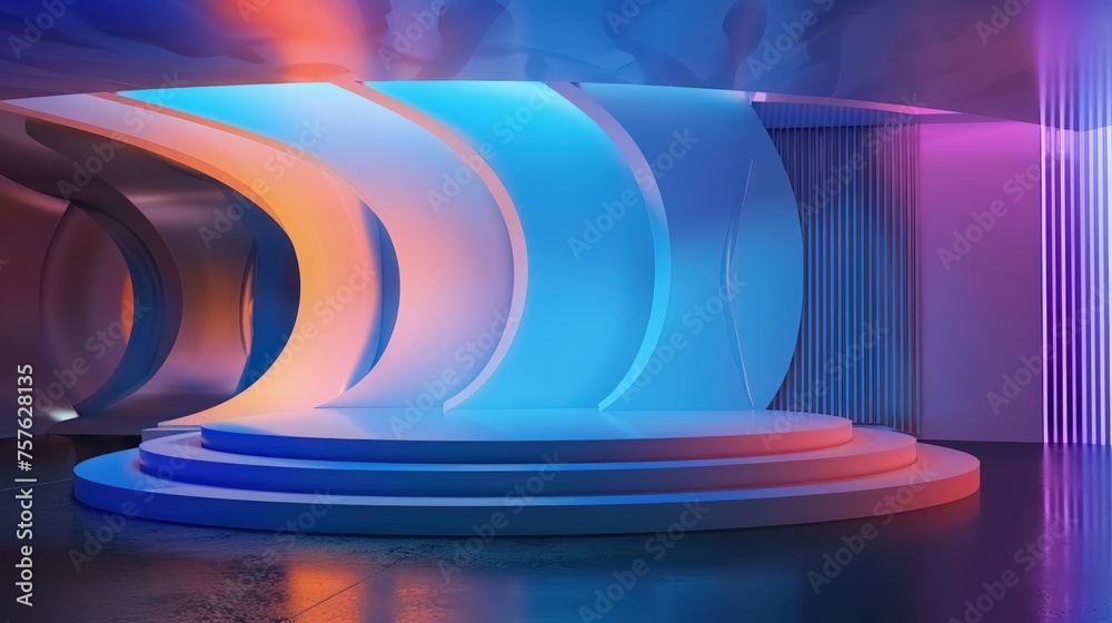 Produce a modern platform stage with a showcase studio room displaying ...