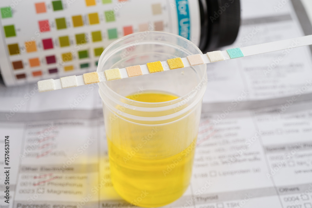 Urinalysis, urine cup with reagent strip pH paper test and comparison ...