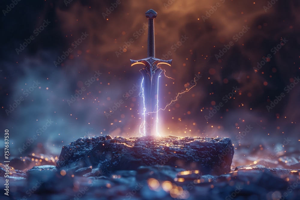 Thunderous aura surrounds a mythical sword in stone silent yet calling ...