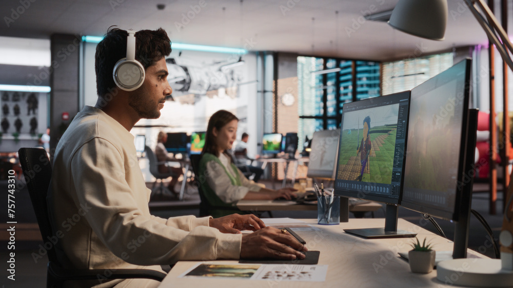 Indian Male Game Designer Using Desktop Computer With 3D Modelling ...