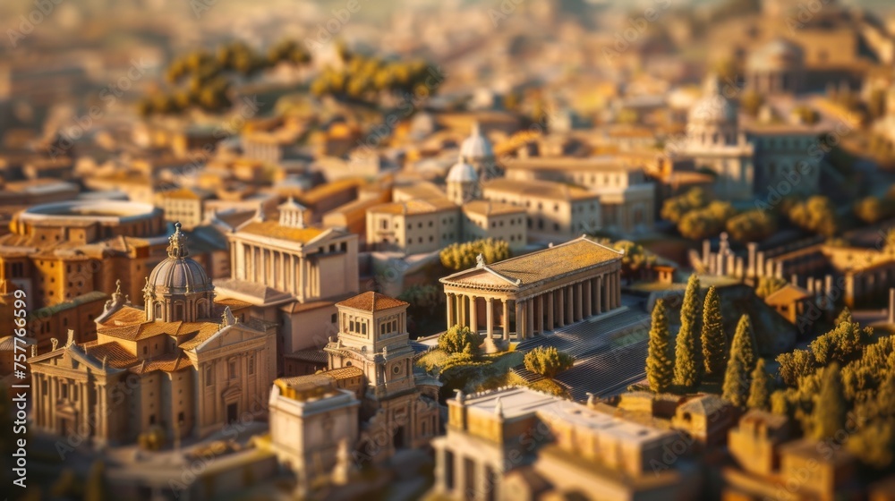 Tilt-shift photography of the Rome. Top view of the city in postcard ...