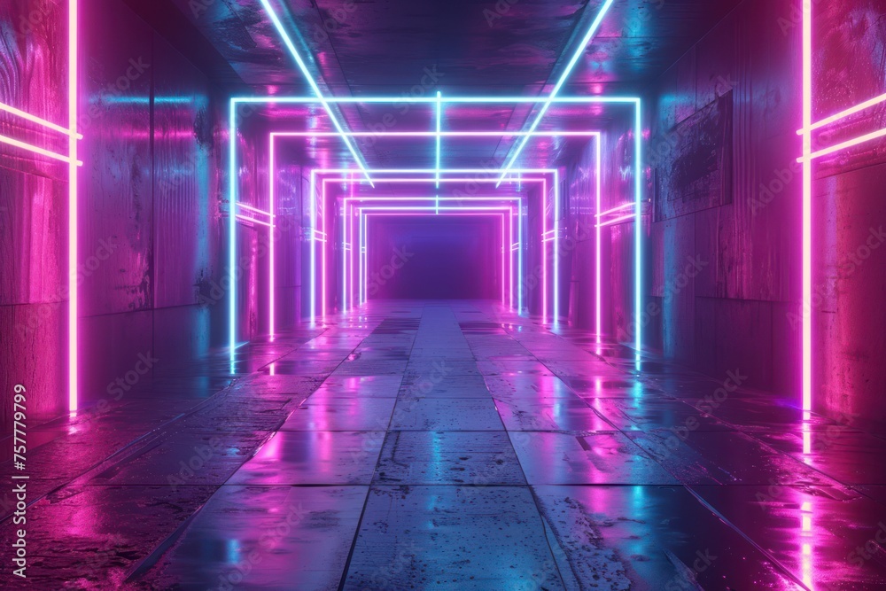 Neon light abstract background. Neon glowing lights stage with 80s ...