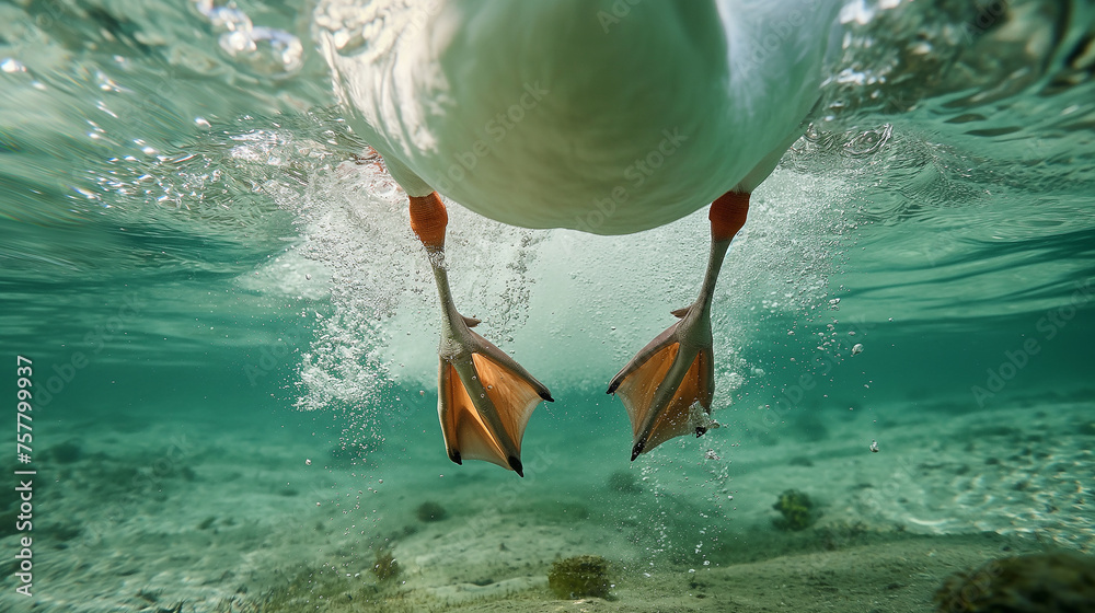 An underwater perspective captures the webbed feet of a duck paddling ...