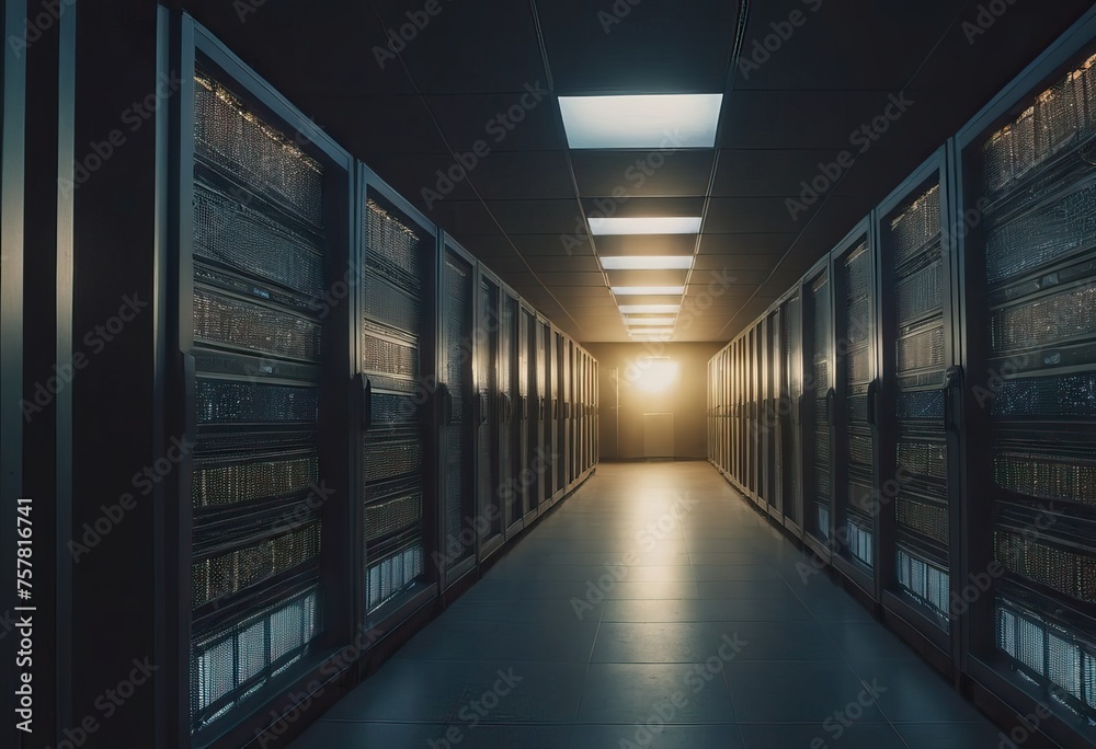 Futuristic background image of rack server with blinking lights in supercomputer, copy space ...
