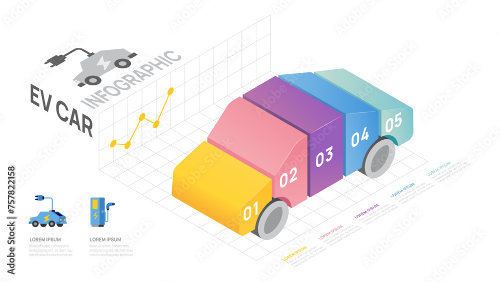 Infographic Electric car isometric diagram template. Modern Timeline 5 ...