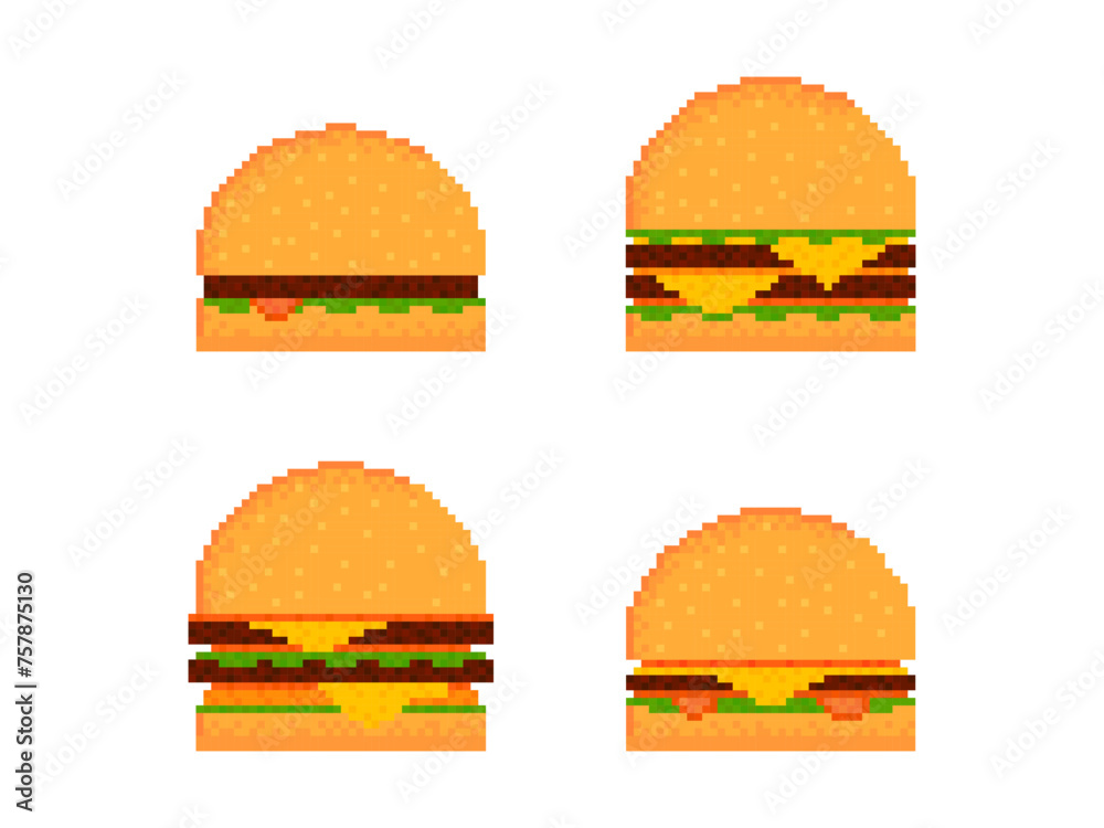Pixel burger icon set isolated on white background. 8-bit cheeseburger ...