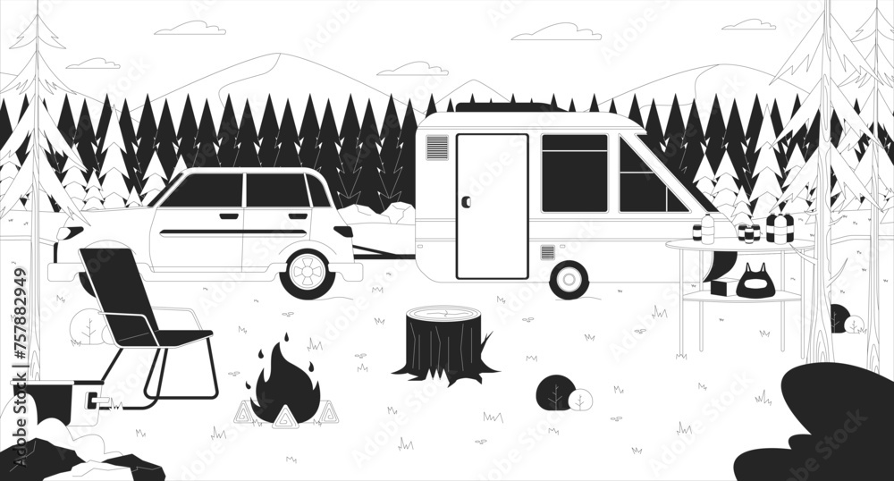 Camping trailer in forest black and white line illustration. Campground ...
