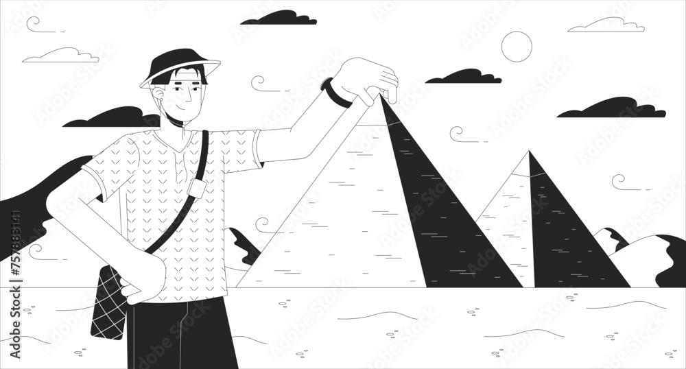 Egypt pyramids sightseeing black and white line illustration. Holiday ...