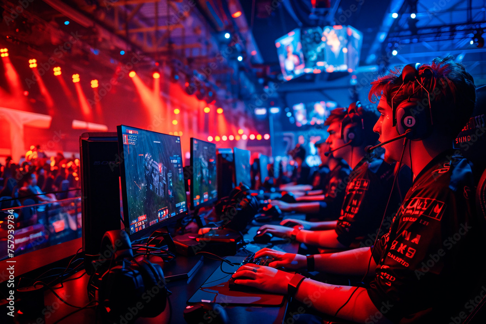 Dynamic image of professional gamers intensely focusing during a ...