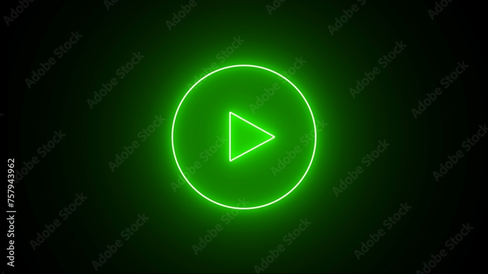 Glowing green color play button on black background. 3d illustration ...