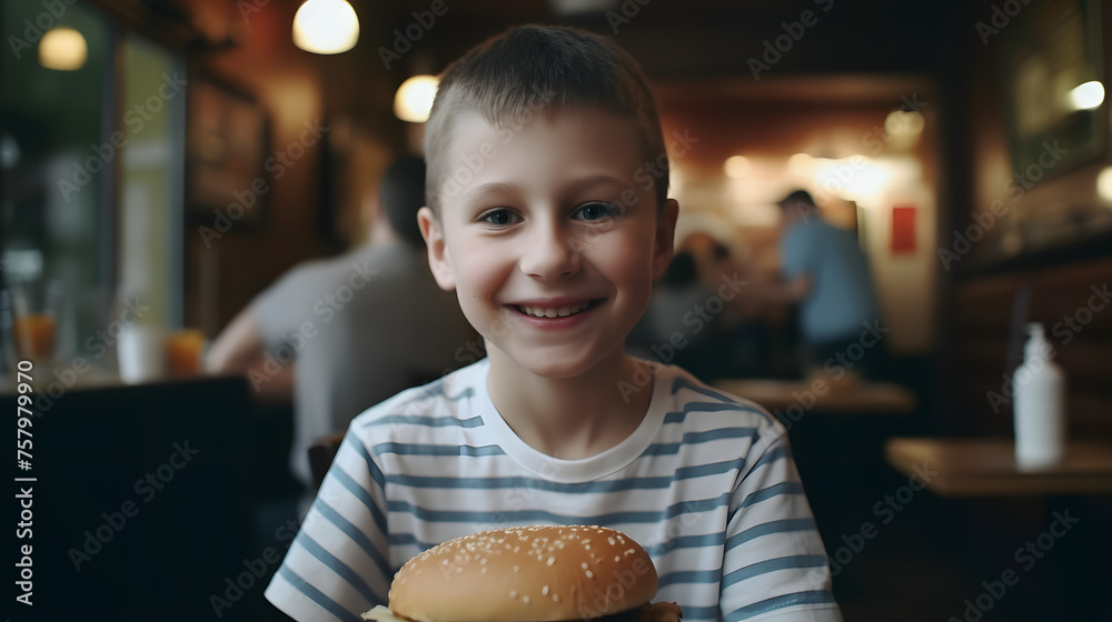 Cute fat happy boy 7 years old with a burger on cafe Stock Illustration ...