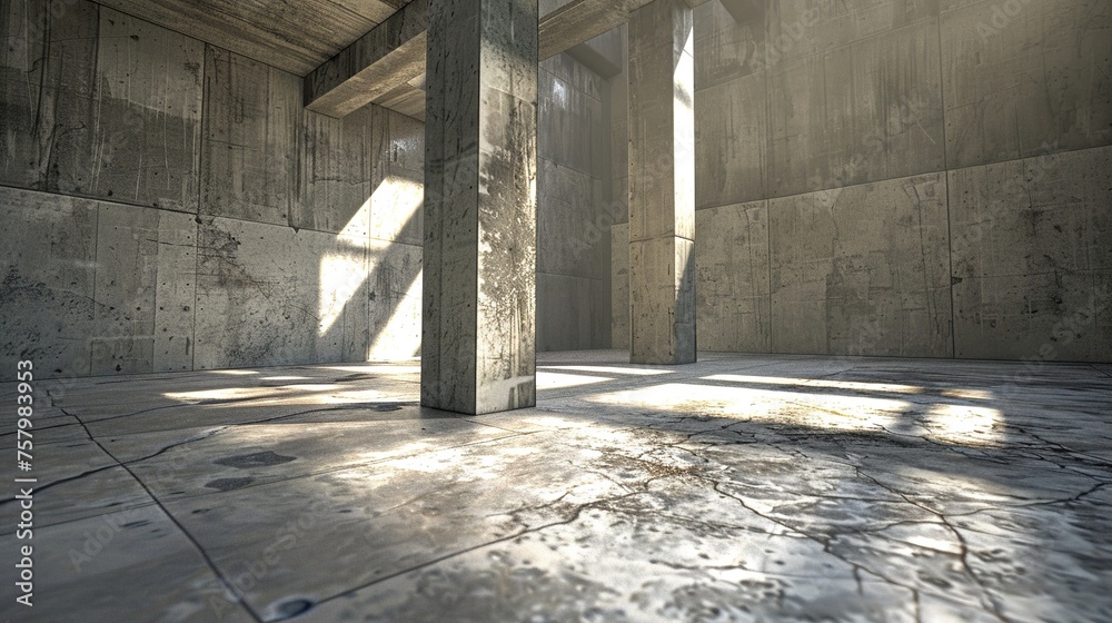 Sunlight streams through a broken window into a dusty corridor with ...