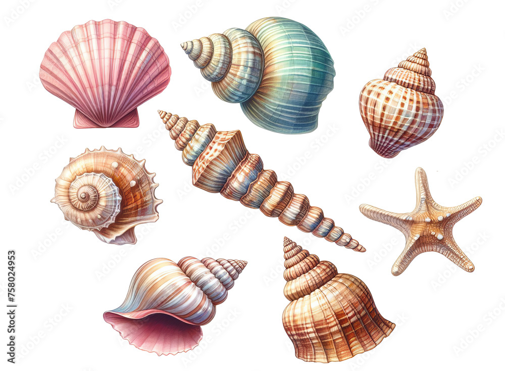 Digital drawing realistic beautiful sea shells of various colors and ...