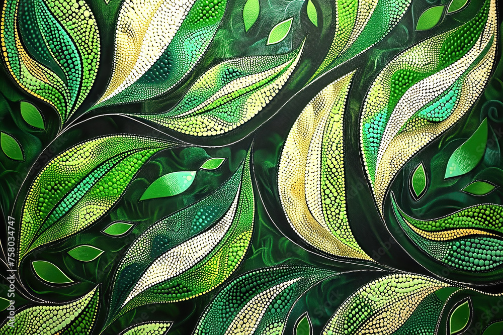 Australian Aboriginal dot painting style art of green leaves on a black ...