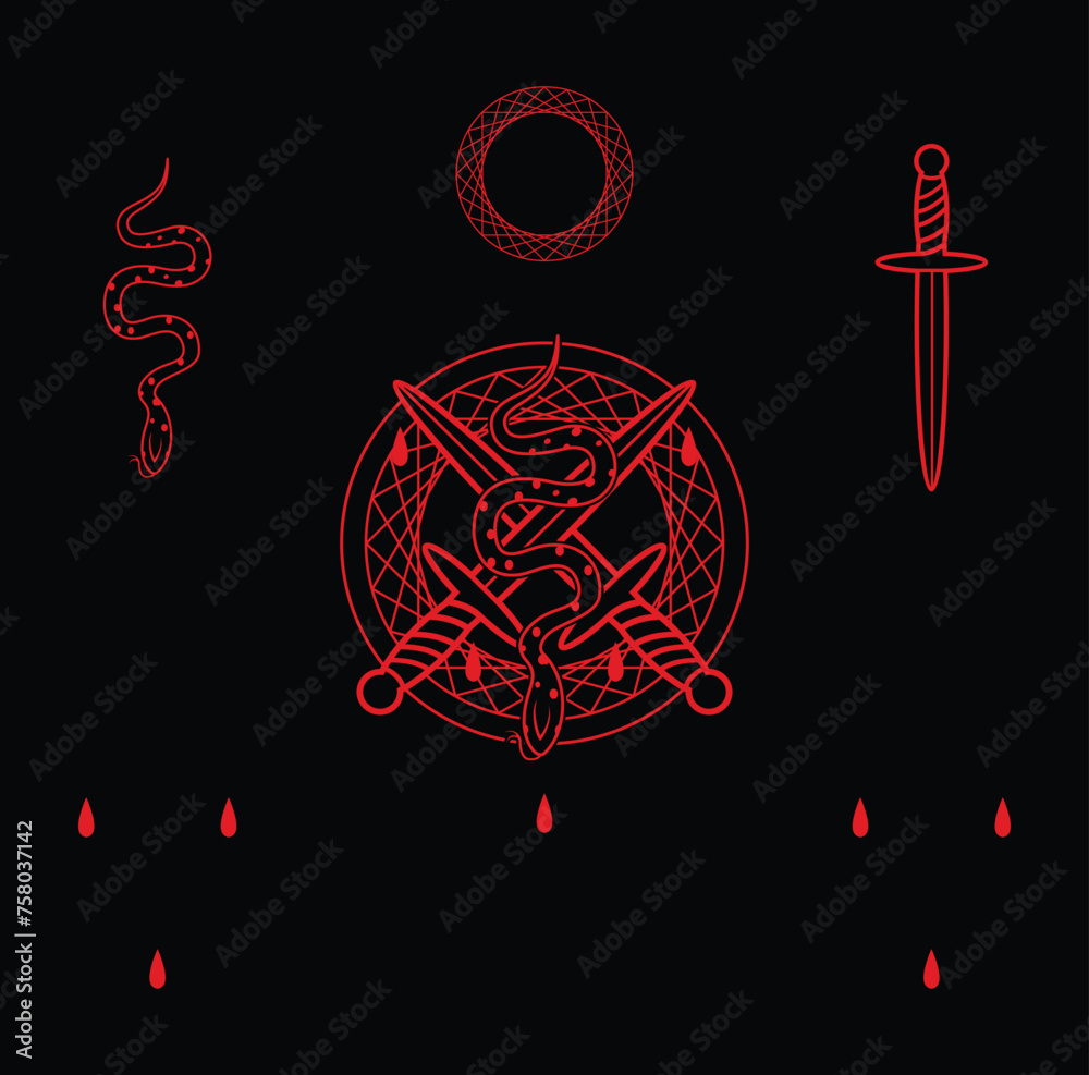 Elegance, Simple, Horror, Vintage, Youthful, Gothic, Esoteric Serpent, Blood And Crossed Daggers ...