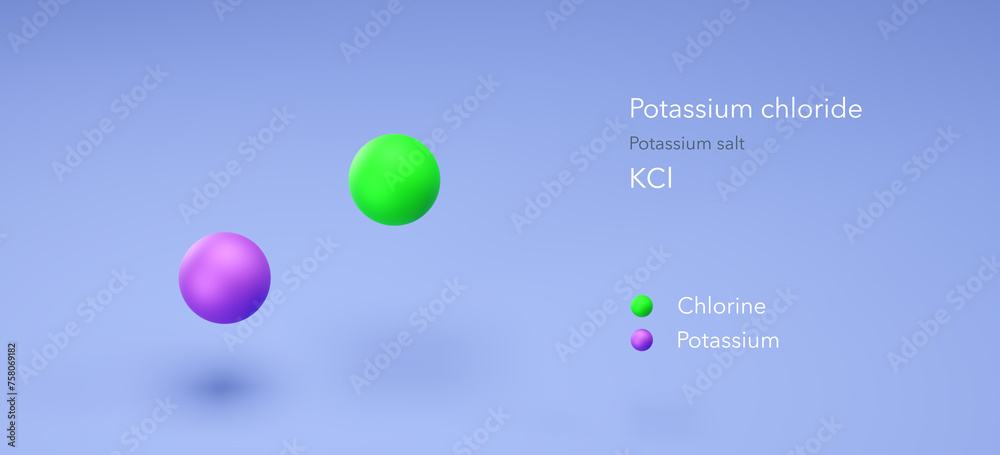 potassium chloride molecule, molecular structures, potassium salt, 3d ...