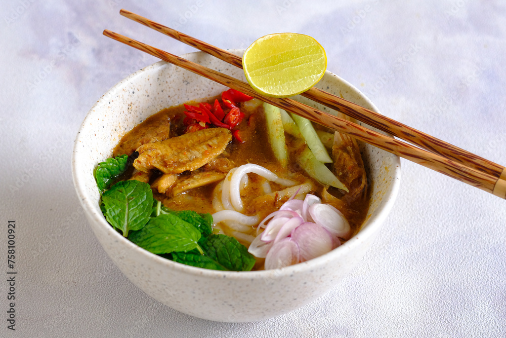 laksa ikan, asam laksa, rice noodle,vegetables, filet fish with sour ...