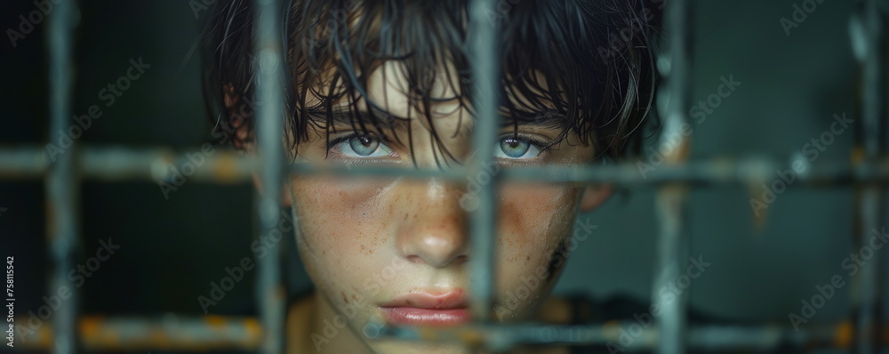 Sad teenage boy imprisoned for illegal migration in jail. Blue eyed guy ...