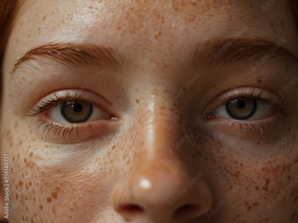 Woman's face, captured in close-up, shows her unique freckles that ...
