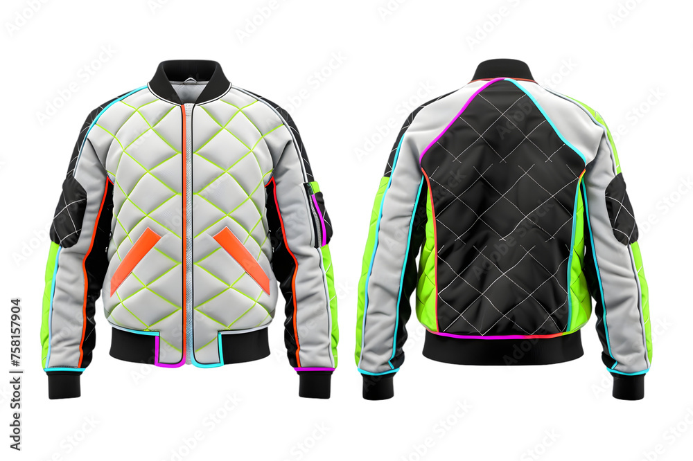 Front and back view of a quilted bomber jacket with neon stitching ...