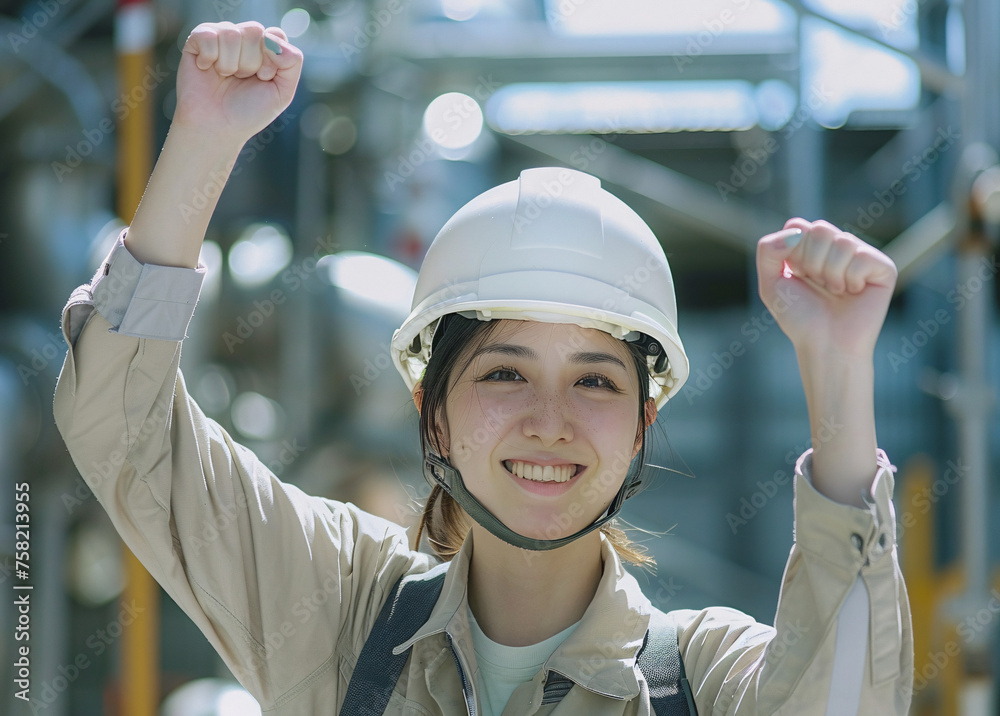Exhilaration in Engineering: Jubilant Asian Female Engineer With Arms ...