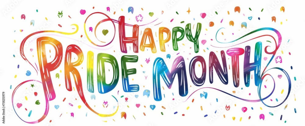 The words "HAPPY PRIDE MONTH" written in rainbow colored cursive font ...