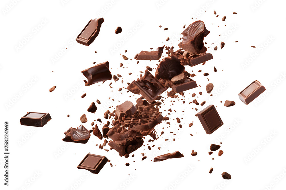 Various types of delicious chocolate falling with choc flake isolated ...