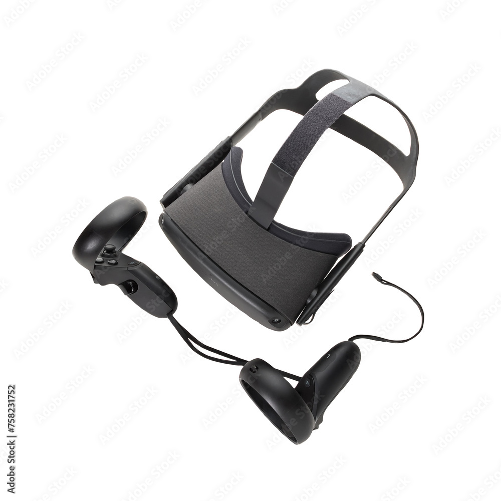 Oculus Quest 2 virtual reality goggles and two joysticks. Top view ...