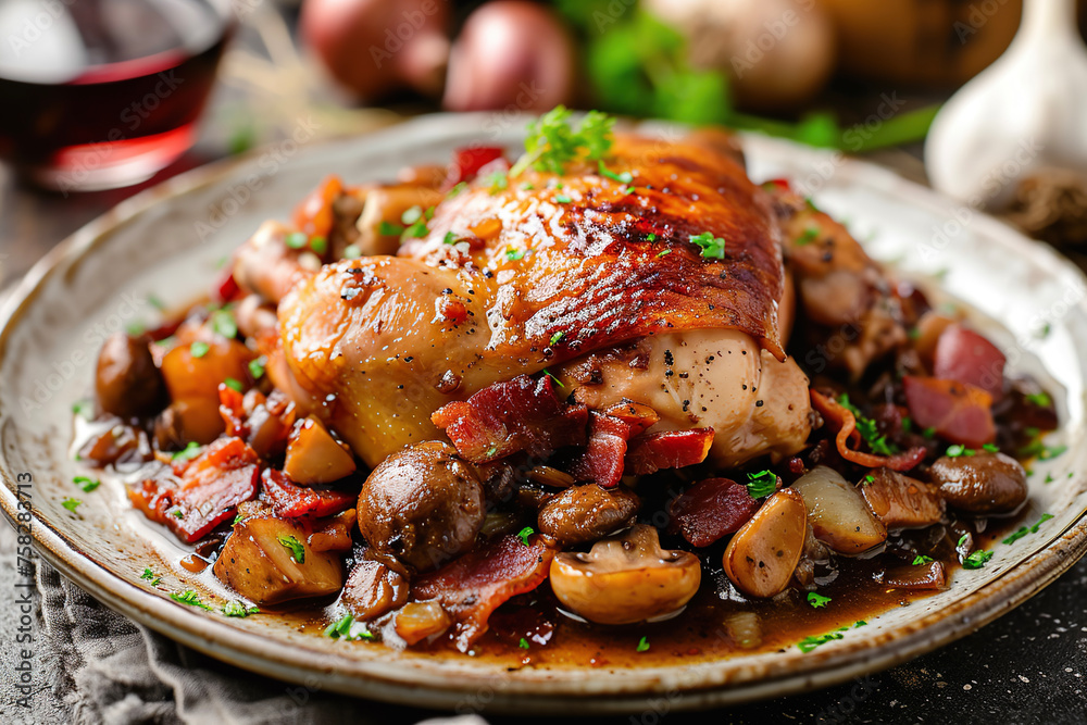 A plate of coq au vin, a classic French dish of chicken braised in red ...