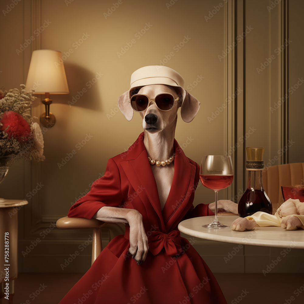 Beautiful cute princess dog in long light dress walks through corridors ...