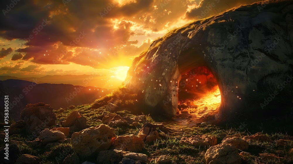 sunset in the forest. Cave of the resurrection of Christ. Bible, Easter ...