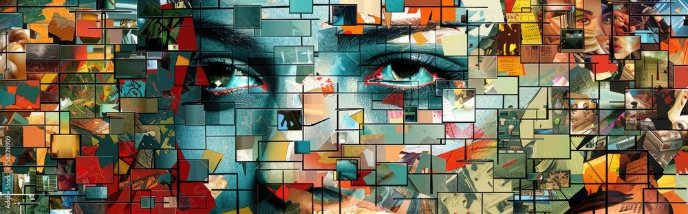 A digital mosaic of fragmented images and textures, assembled into a ...