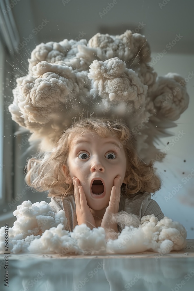 Funny shocked little kid with smoke cloud of nuclear explosion overhead ...