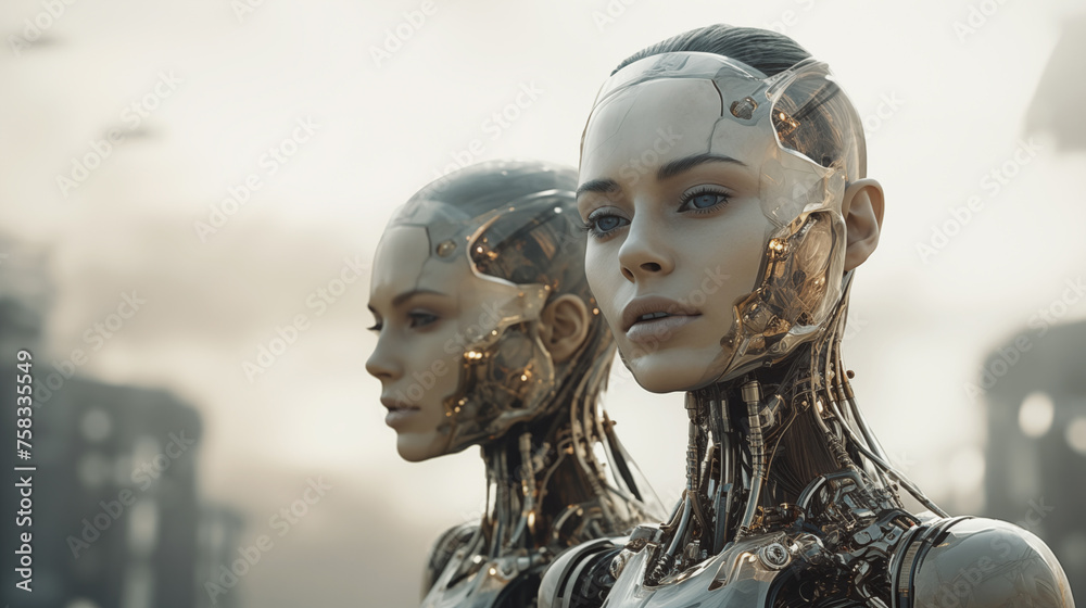 Two cybergirl Humanoid robots portraits with many wires interlaced inside body with futuristic ...