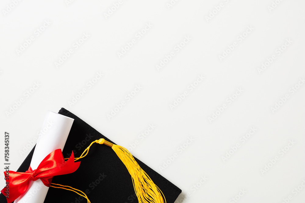 College graduation concept. Flat lay mortarboard cap with diploma on ...