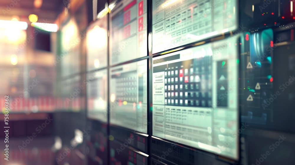 Data center control room with illuminated server status monitors ...