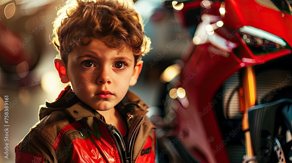 child expresses sincere emotions while looking at a moped. Child and ...
