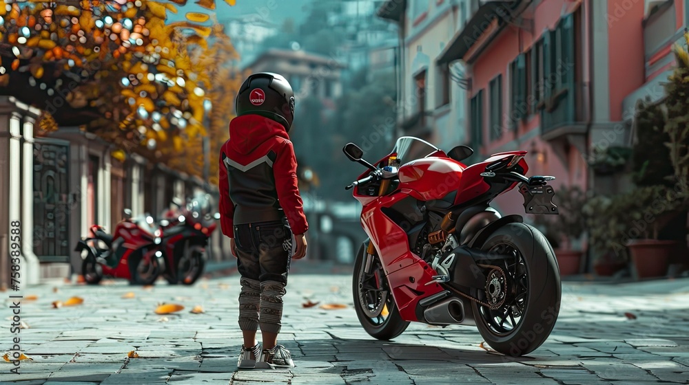 child next to a moped on a city street. Authentic facial expressions ...
