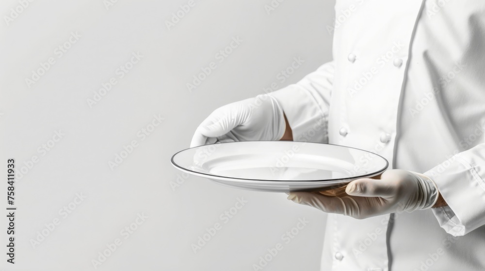 Waiter tray butler hand serve hold plate isolated white man silver ...