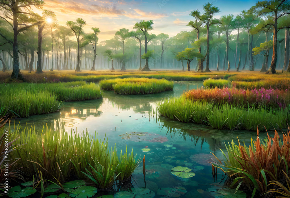 Ilustración de Stock Mystical Marshlands Landscape, Landscape ...