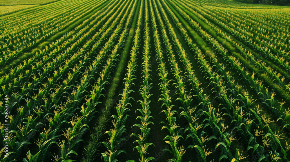 An aerial perspective of rows of corn stretching across a vast field ...