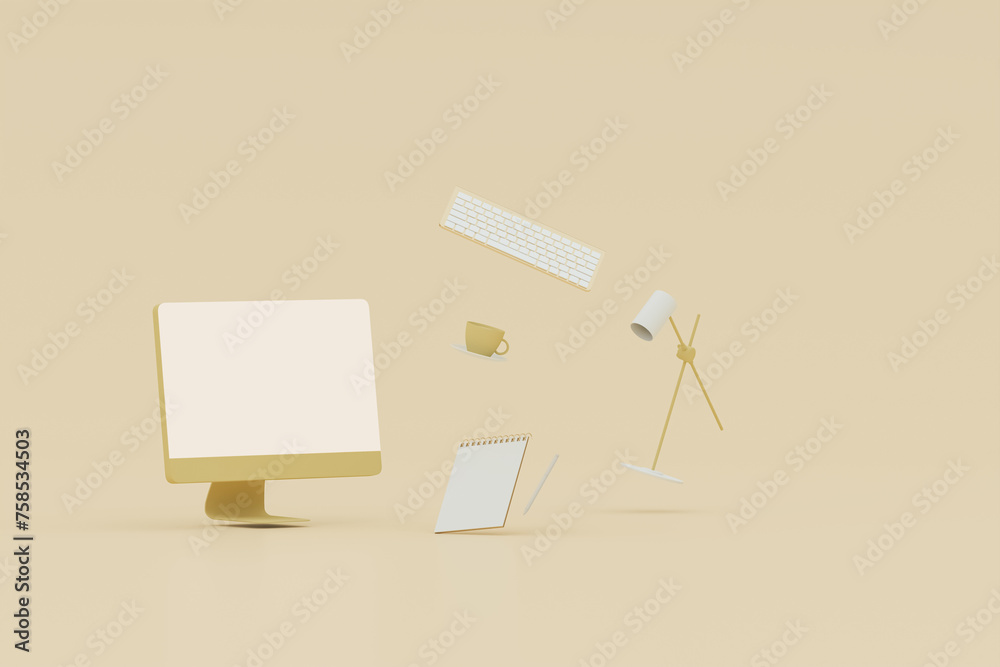 Computer monitor with ofice icon, business finance float on pastel ...